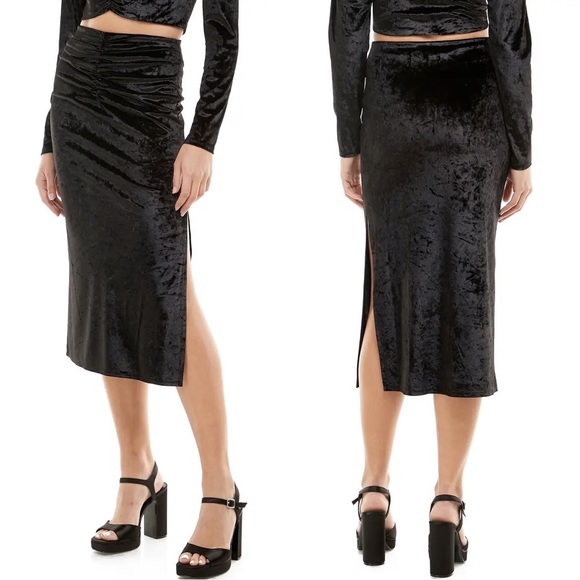 Wayf | Skirts | Wayf Velvet Black Cinched Ruched Midi Skirt | Poshmark